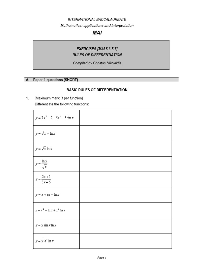 IB Math Differentiation Exercises | PDF | Derivative | Tangent
