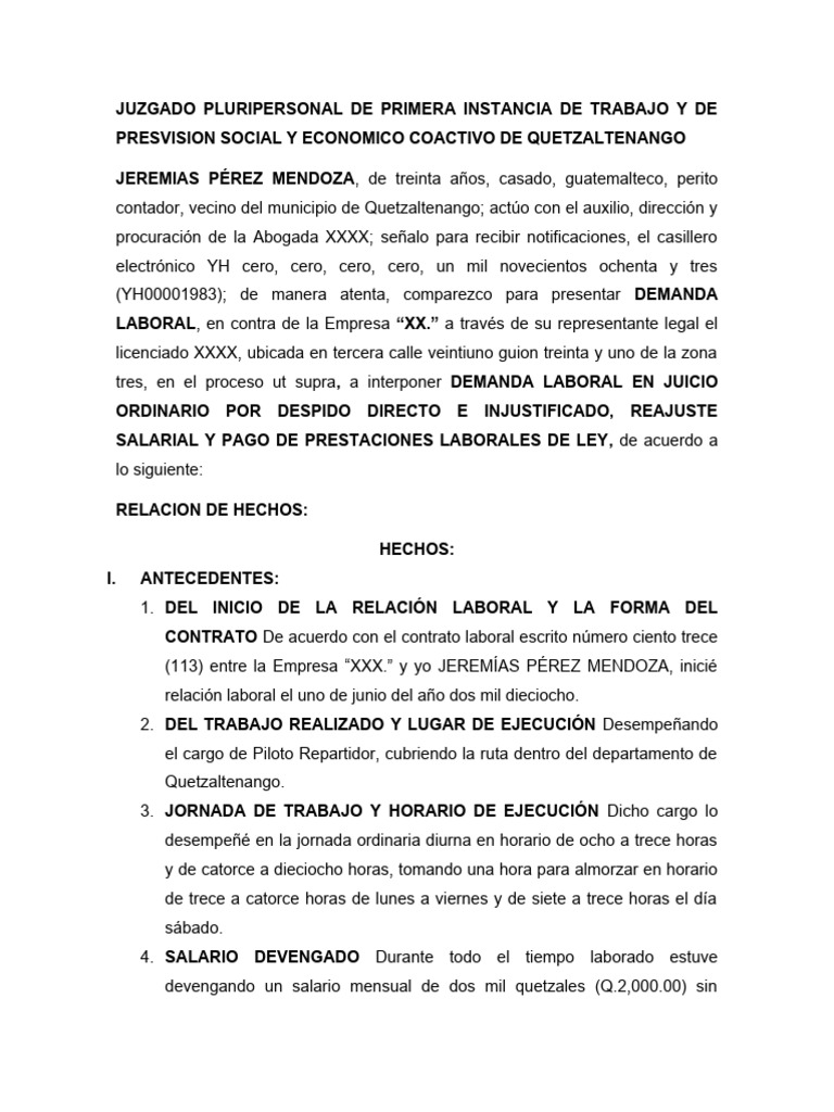 Demanda Laboral Despido Directo e Injustificado | PDF