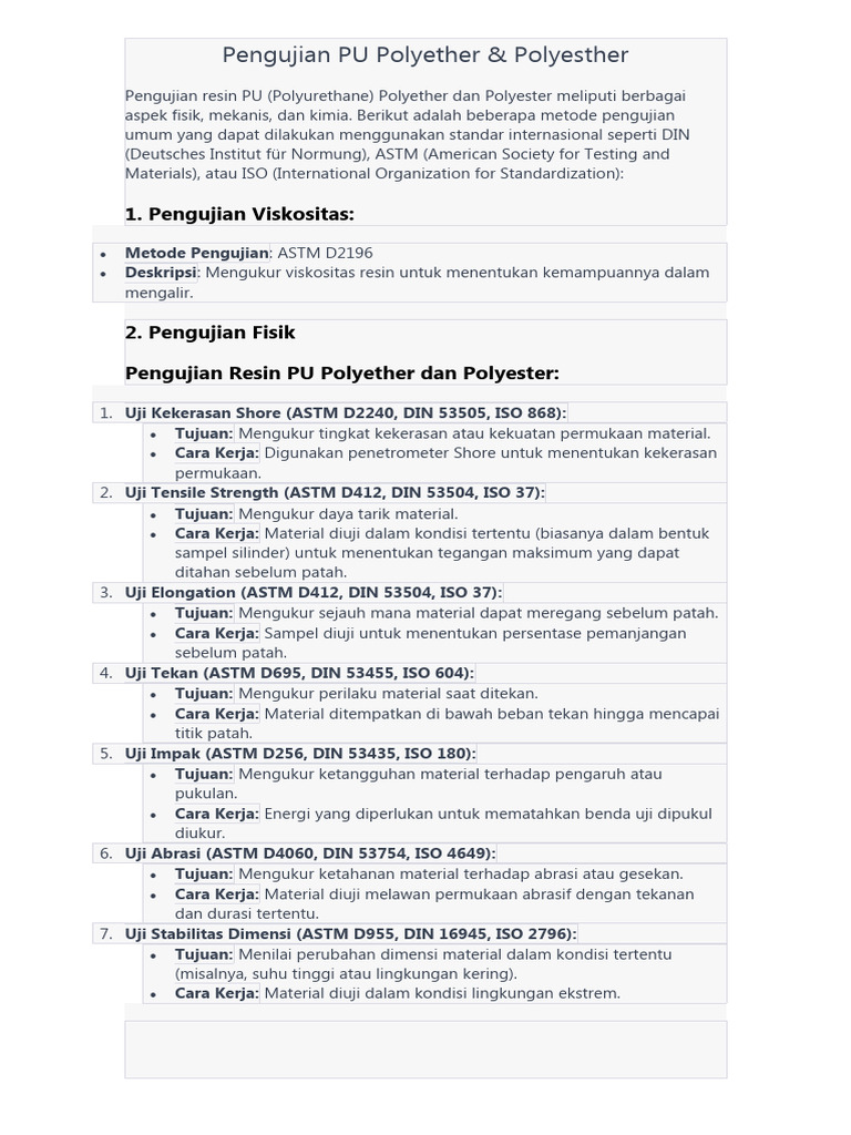 Pengujian PU Polyether & Polyester | PDF
