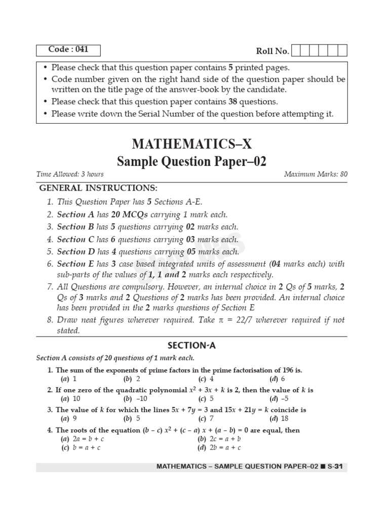 10 Maths Sample Paper 1 | PDF | Circle | Area