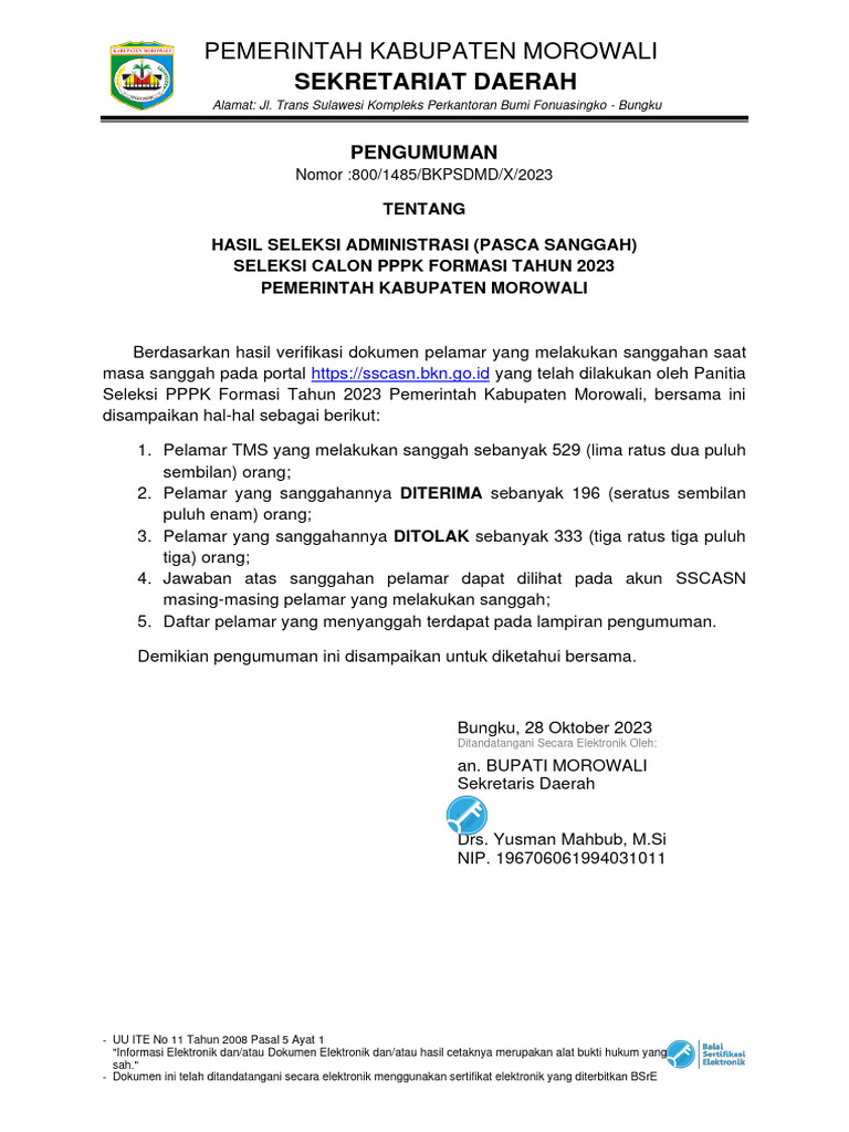 Salinan Dari PENGUMUMAN HASIL SELEKSI ADMINISTRASI (PASCA SANGGAH) PPPK MOROWALI 2023 | PDF