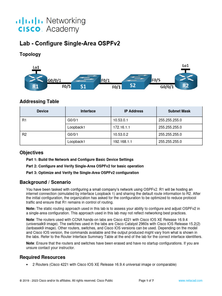 Configure Single-Area OSPFv2 Lab Guide | PDF | Cyberspace | Networking Standards