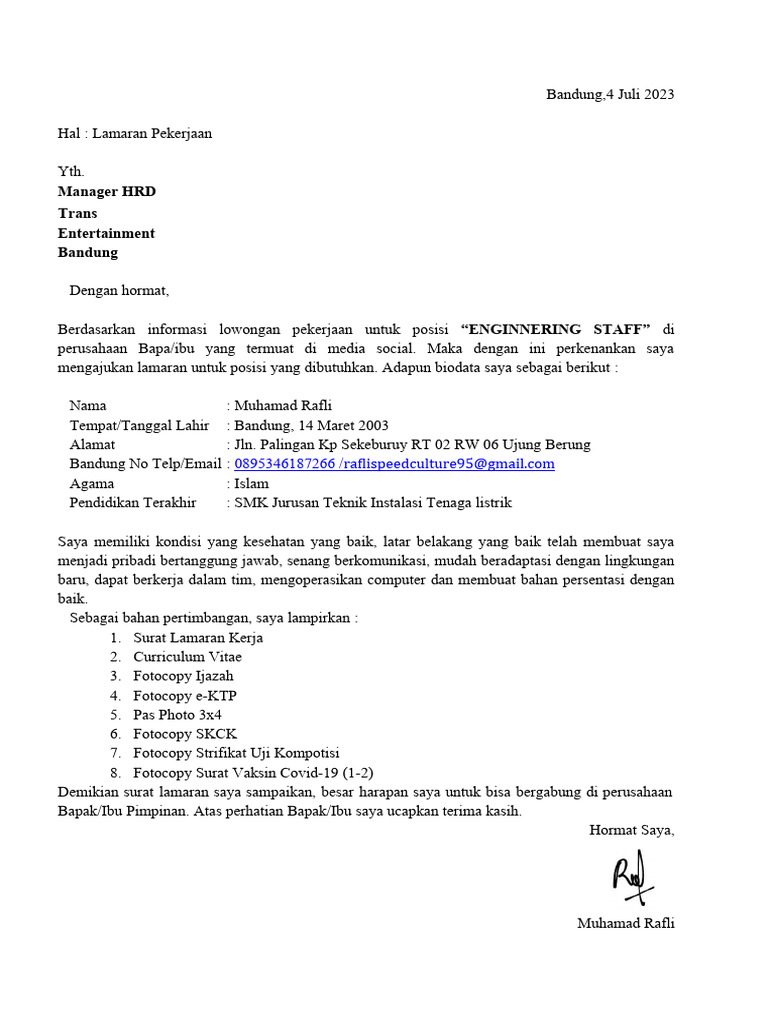 Lamaran Pekerjaan Muhamad Rafli | PDF