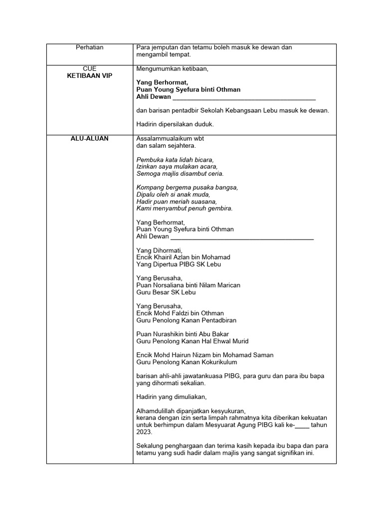 Teks MC Mesyuarat Agung Pibg SK Lebu 2023 | PDF
