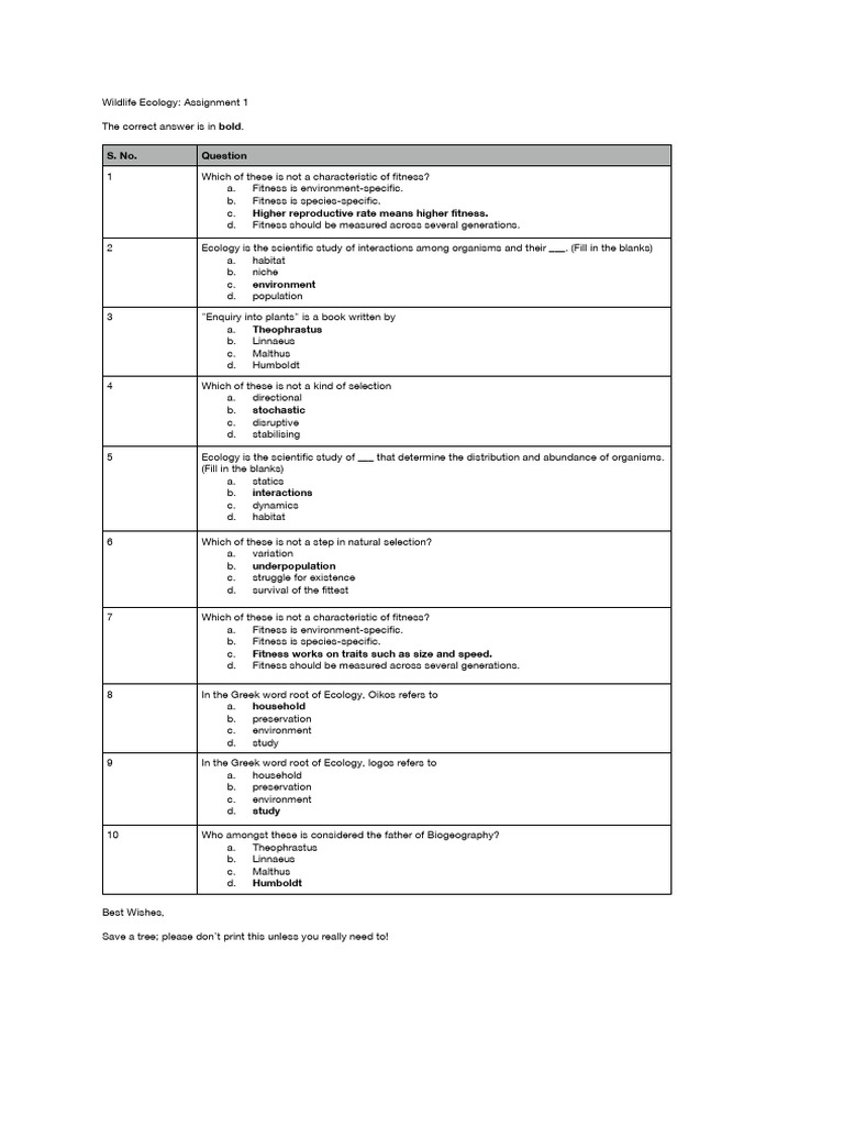 Wildlife Ecology Nptel Quiz Answers | PDF | Ethology | Sampling ...