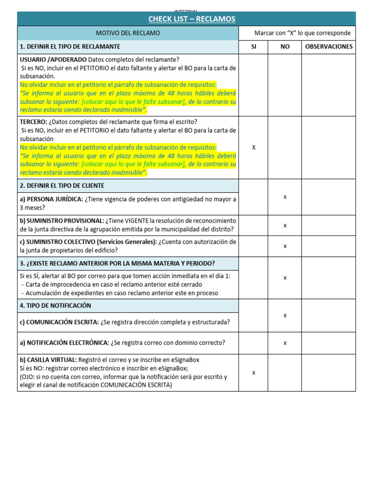 Check-List Registro Reclamos | PDF