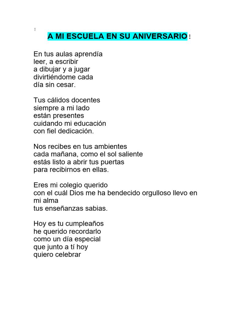 Aniversario de Mi Escuela Querida | PDF | Poesía