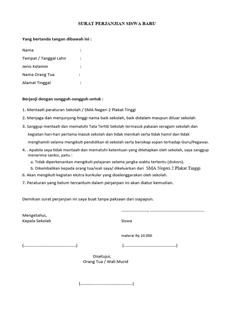 Surat Perjanjian Calon Siswa Baru | PDF