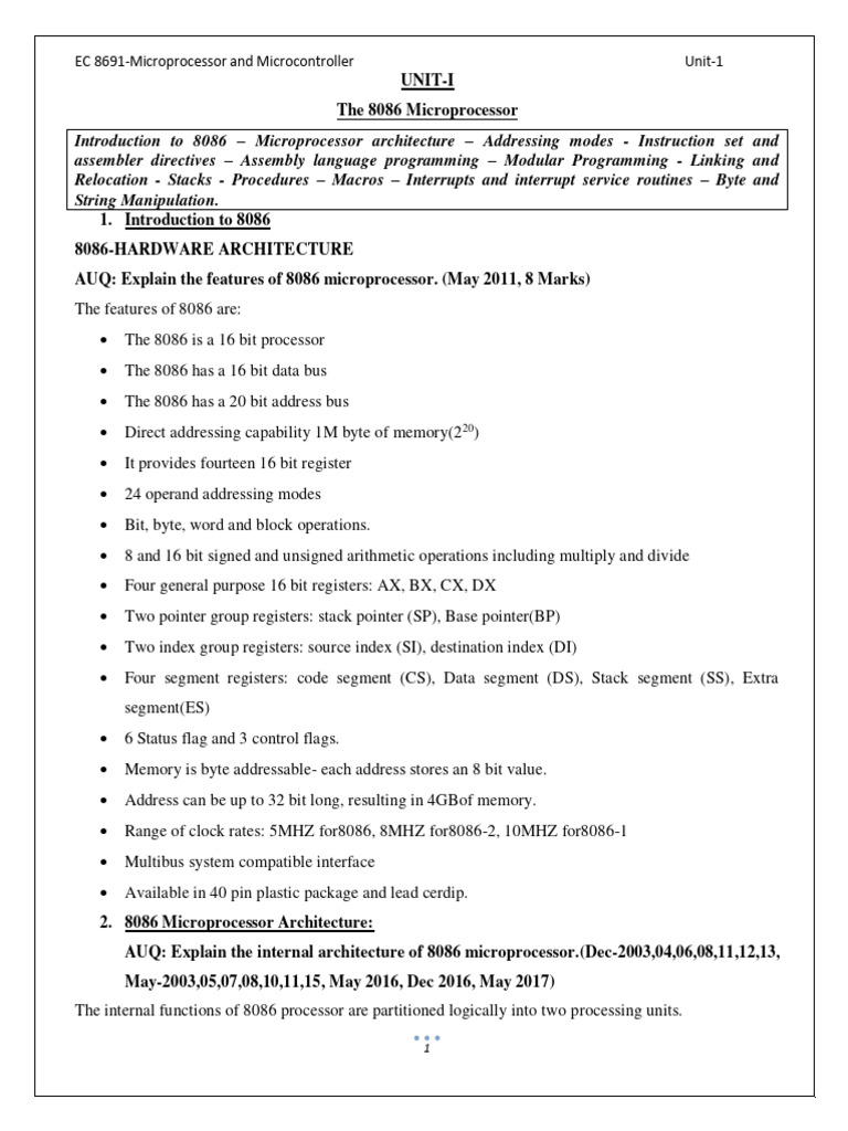 Ec8691 Microprocessors and Microcontroller 366672282 MPMC 5unit | PDF | Central Processing Unit ...