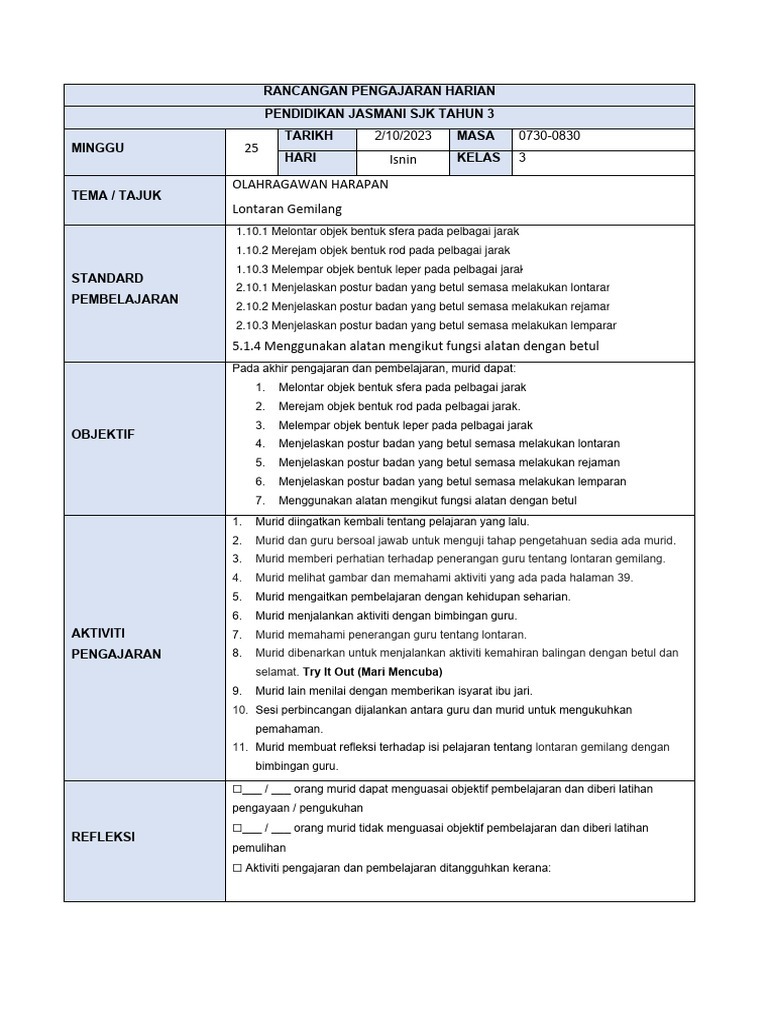 RPH Ringkas Minggu 25 PJ THN 3 | PDF