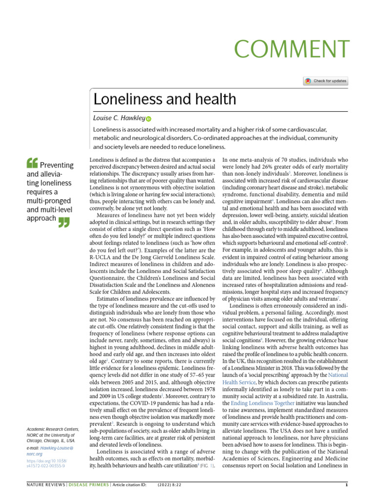 Understanding Loneliness and Health Risks | PDF | Loneliness | Psychology