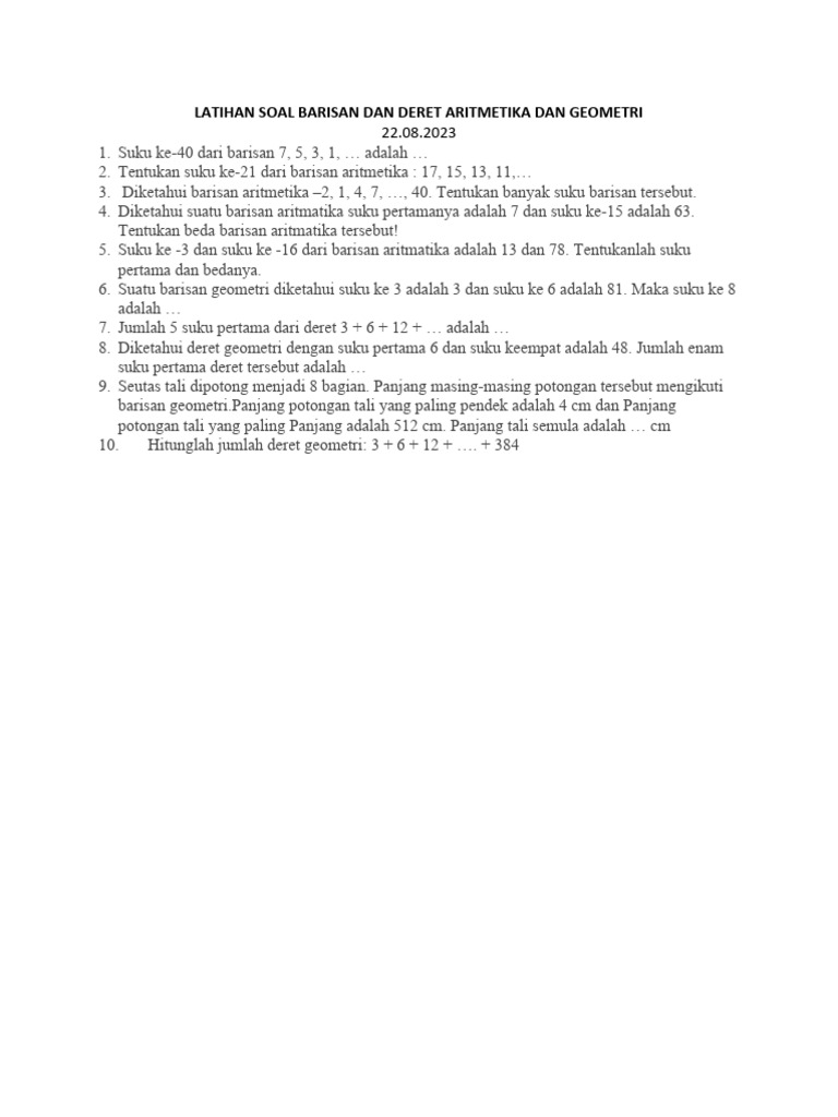 Latihan Soal Barisan Dan Deret Aritmetika Dan Geometri | PDF | Metode & Bahan Ajar