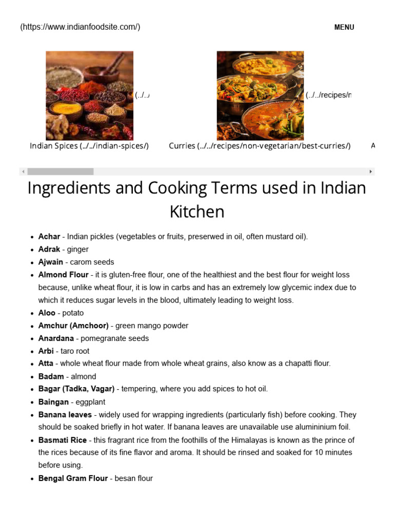 Indian Food Glossary. Ingredients Used in Indian Food Recipes | PDF