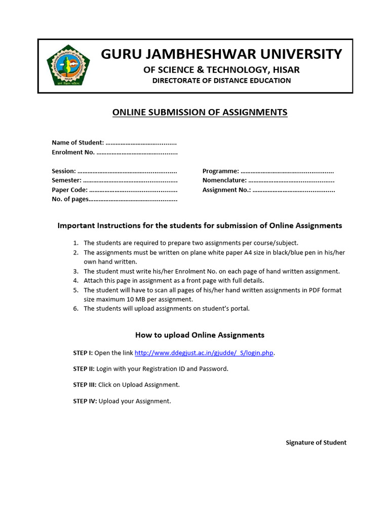 GJU Assignment Front Page Guidelines | PDF
