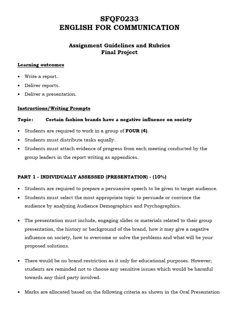 English For Communication - Marking Rubrics - Final Project | PDF ...