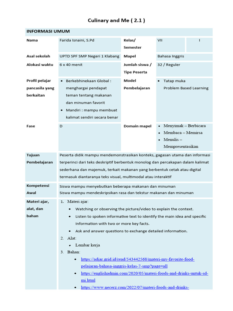 Modul Ajar Culinary and Me (2.1) | PDF