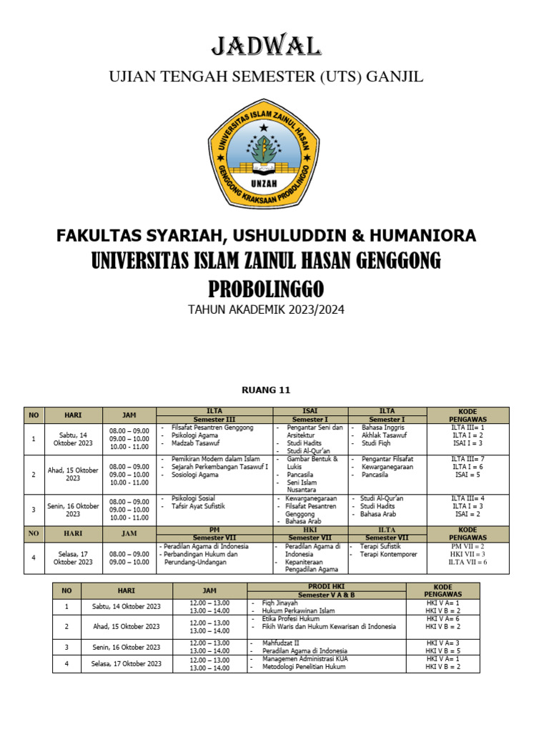 Jadwal Uts Ganjil 2023-2024 | PDF