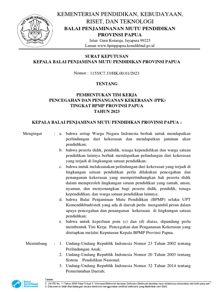 Lampiran 2 - CONTOH - SK Pembentukan Satgas PPKSP BPMP PAPUA | PDF Lampiran 2 - CONTOH - SK Pembentukan Satgas PPKSP BPMP PAPUA | PDF