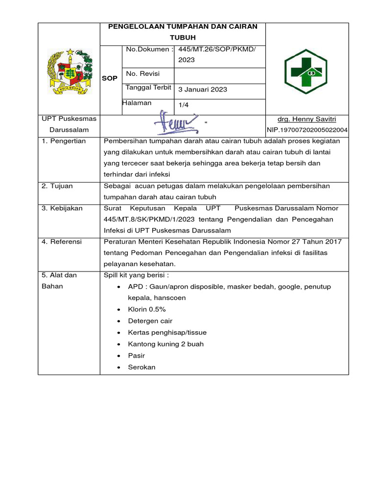 Sop Pengelolaan Tumpahan Dan Cairan Tubuh | PDF | Kesehatan Holistik