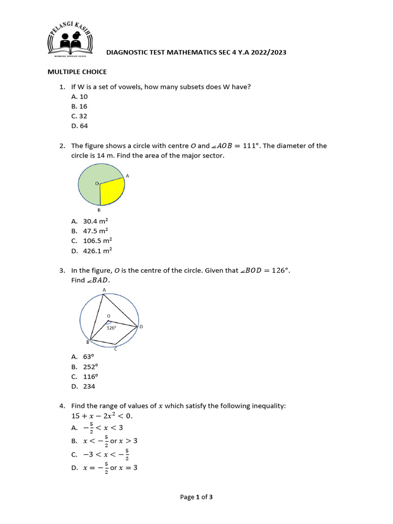 Diagnostic Test Mathematics Sec 4 | Download Free PDF | Mathematical ...