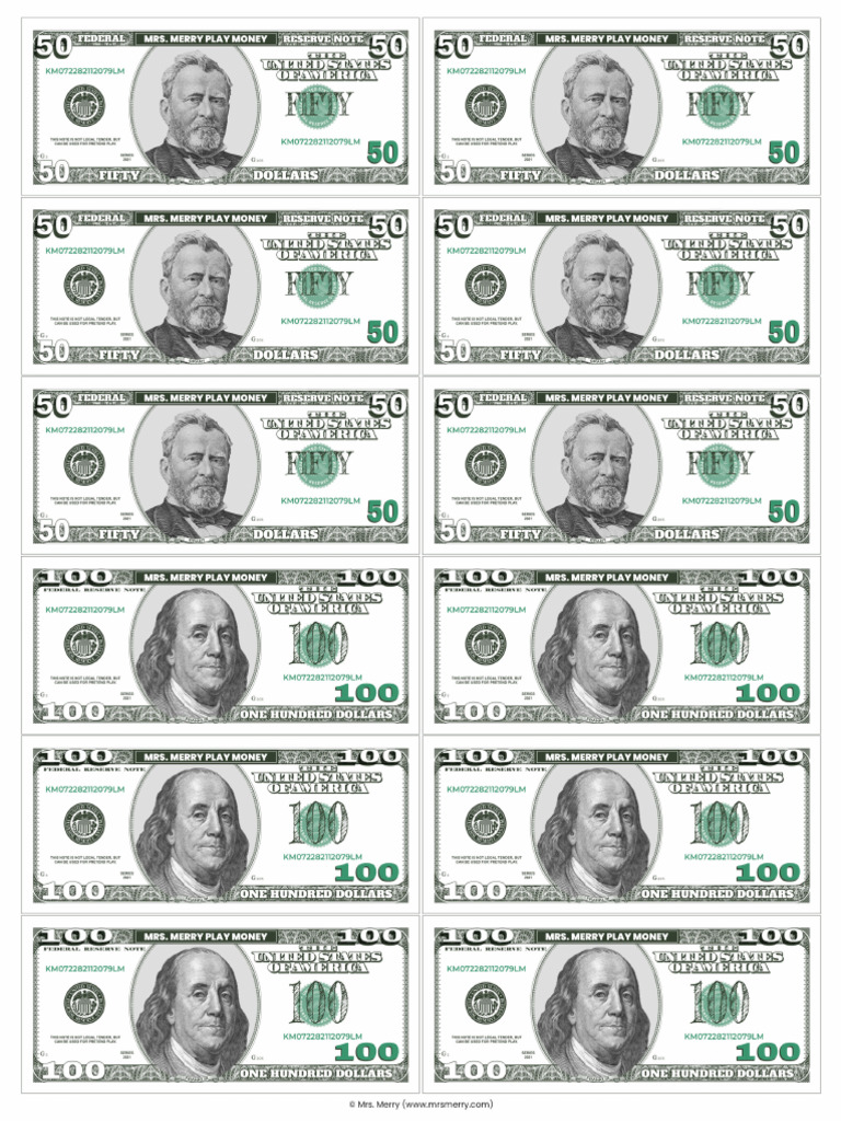 $50-$100 - Printable-Play-Money - Mrsmerry | PDF