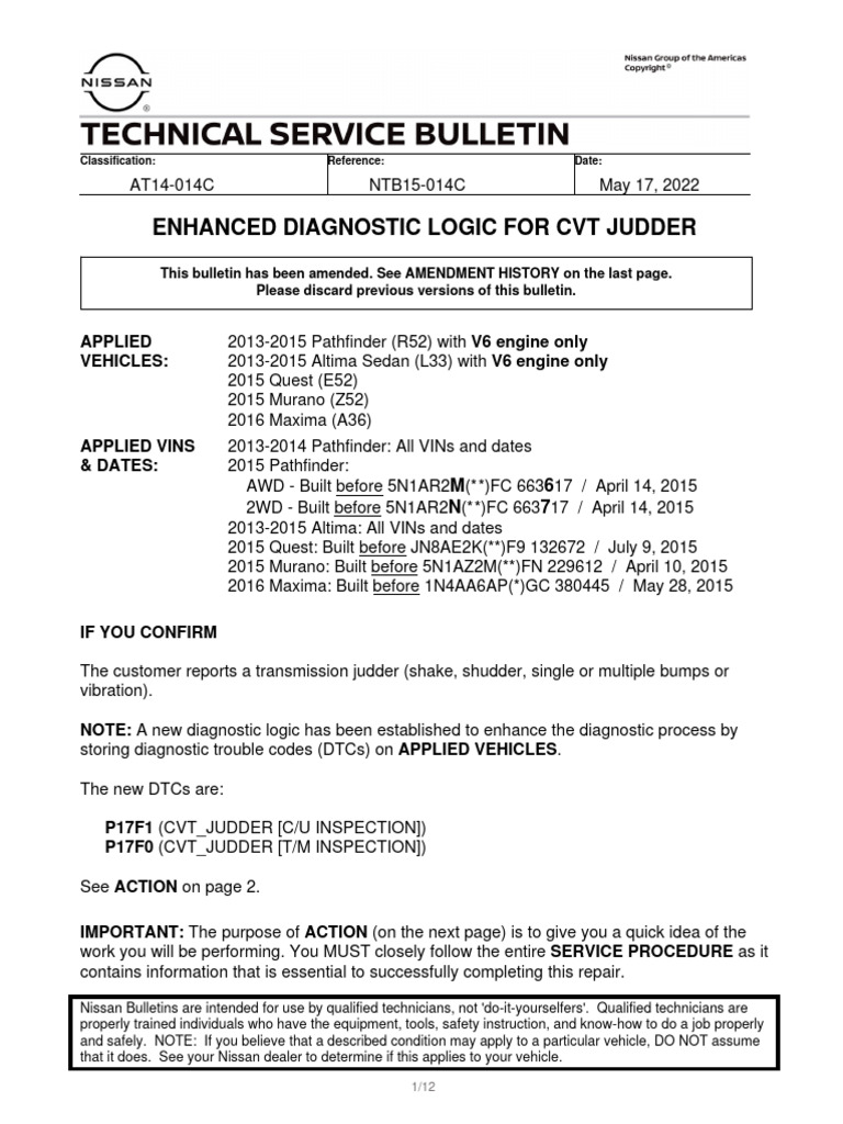 CVT Transmission JF017E Service Bulletin | PDF | Automotive Industry | Land Vehicles