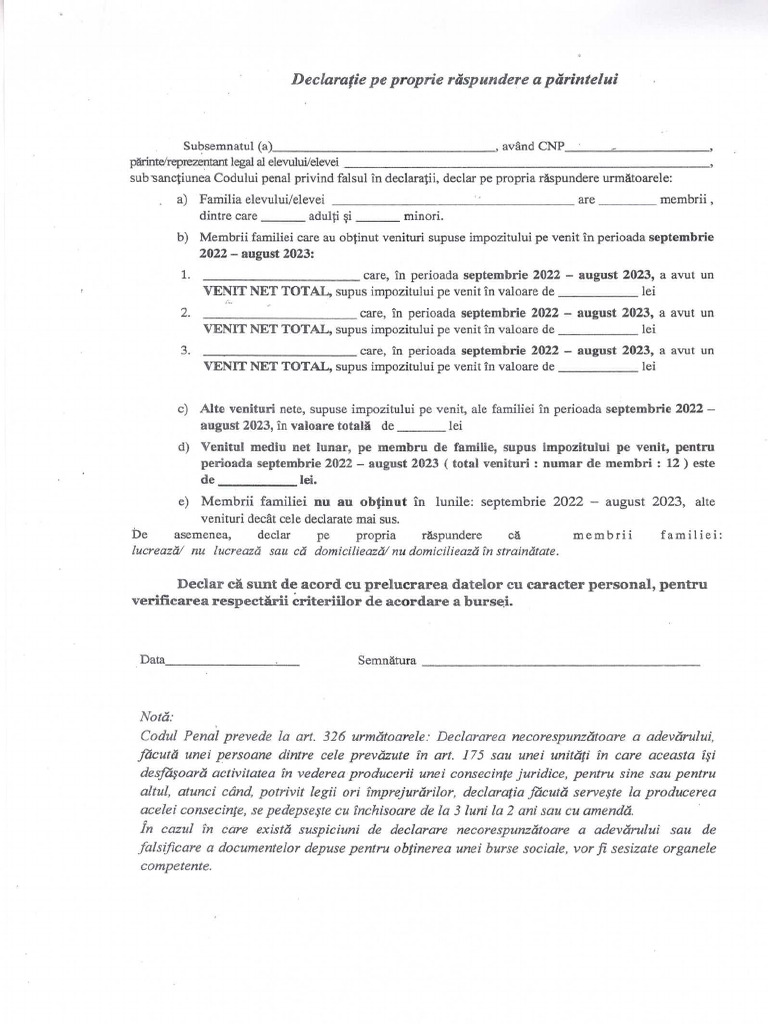 Model Declaratie Burse | PDF