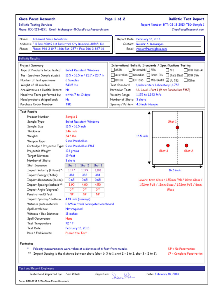Ballistic Test Report for Bullet Resistant Windows | PDF | Ballistics ...
