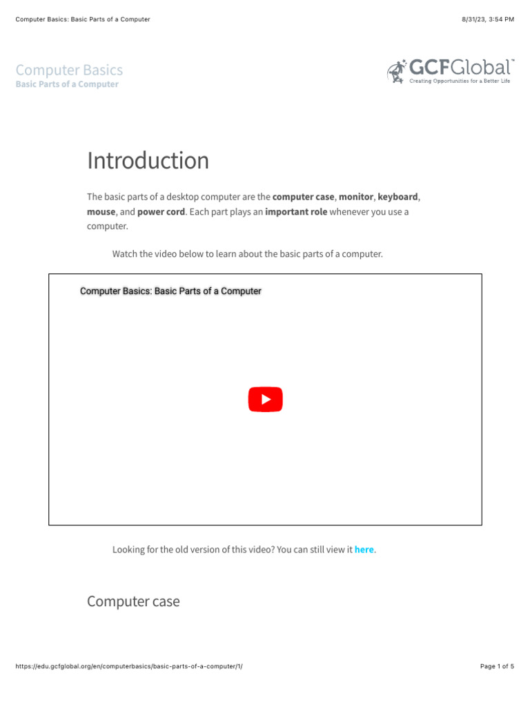Computer Basics: Basic Parts of A Computer | PDF