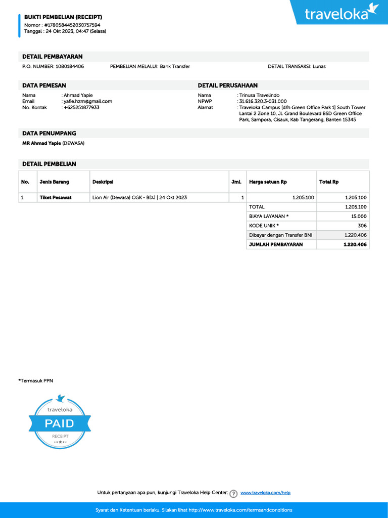 Receipt Hotel Traveloka | PDF