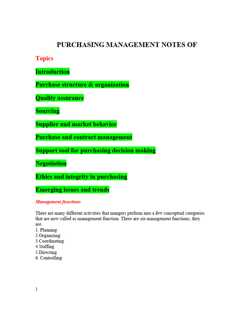 Purchasing Management Notes 2019 | PDF | Organizational Structure ...