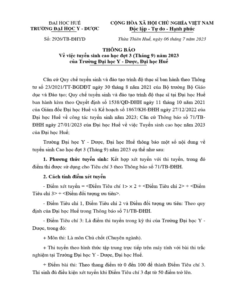 Thong Bao Ch Dot 2 Thang 9 Năm 2023 Dhyd Hue 644 Pdf 