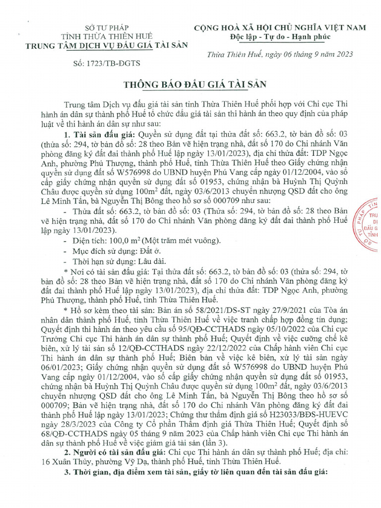 Thong Bao Dgts So 1723 - QSD Dat Ngoc Anh Phu Thuong - CC Thads TP Hue | PDF