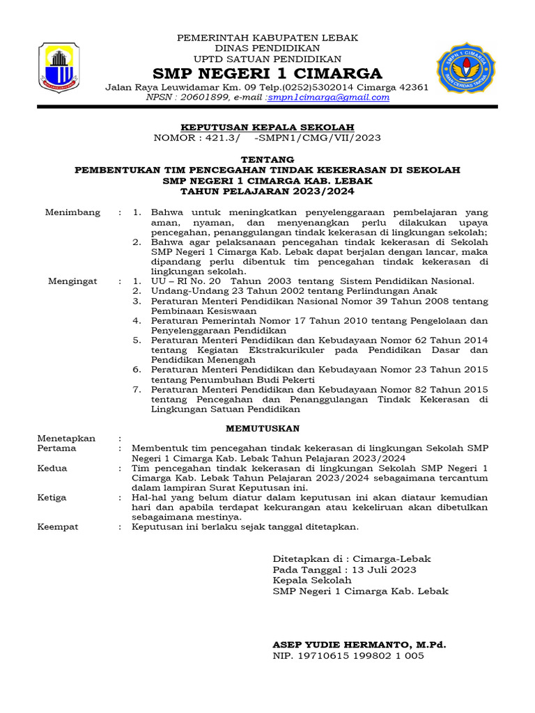 SK Tim Satgas PPTK SMPN 1 Cimarga 2023 | PDF