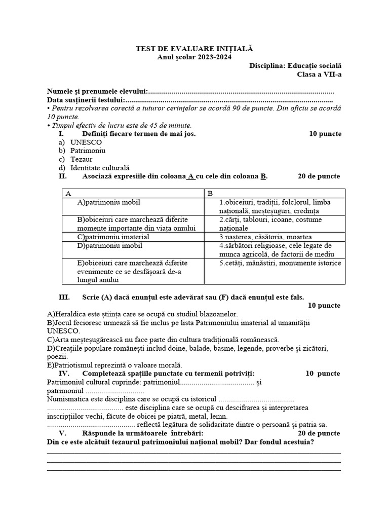 Test Initial Clasa A7 A | PDF