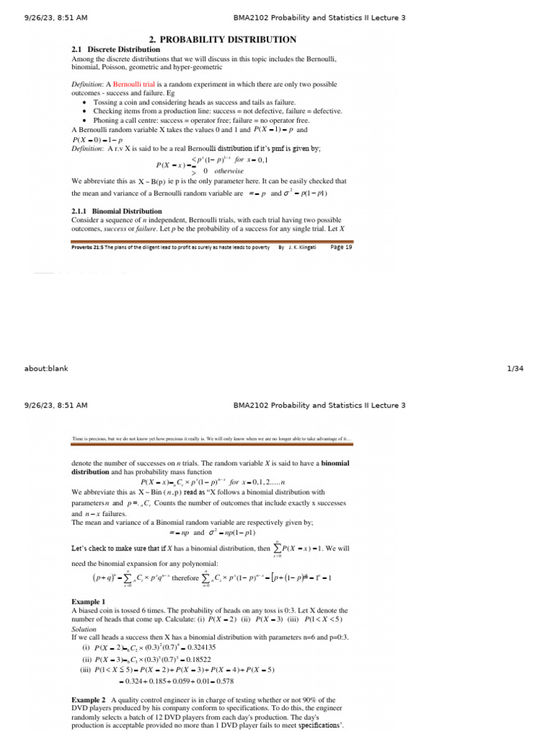 BMA2102 Probability and Statistics II Lecture 3 | PDF | Probability Distribution | Random Variable