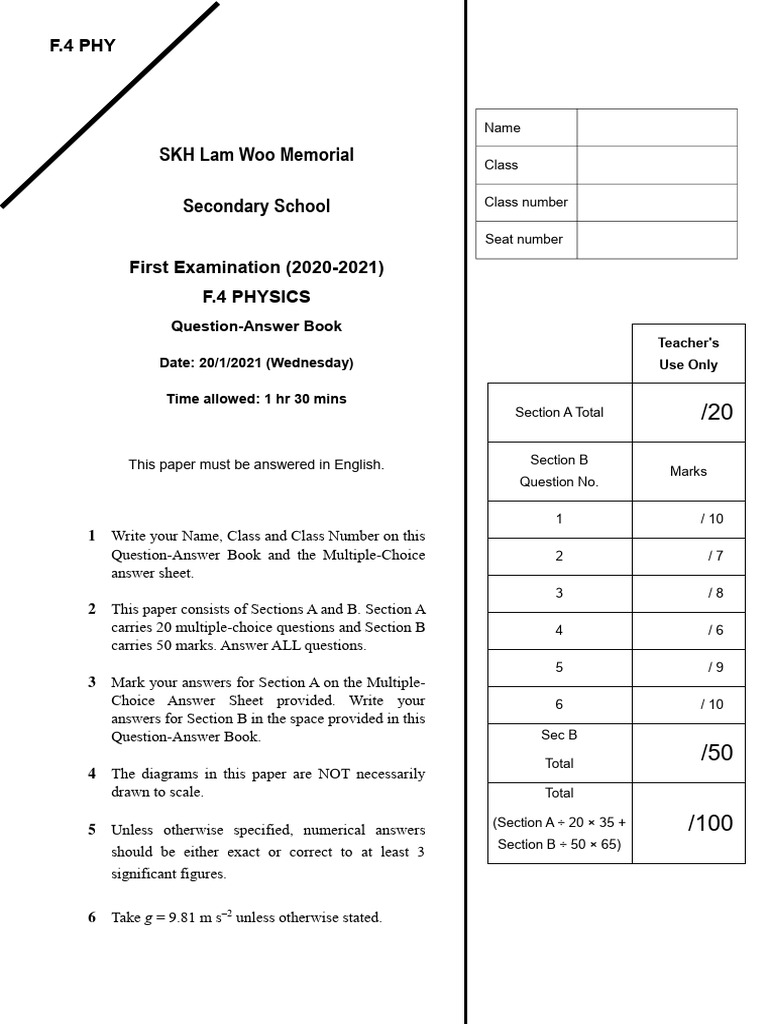 2021 PHYS T1 F4 Exam Question Marking (Public) | PDF