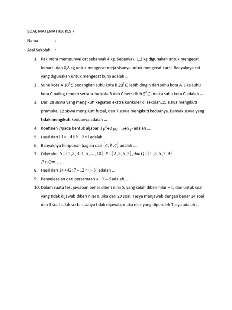 SOAL MATEMATIKA KLS 7 Siswa Pindahan Baru | PDF