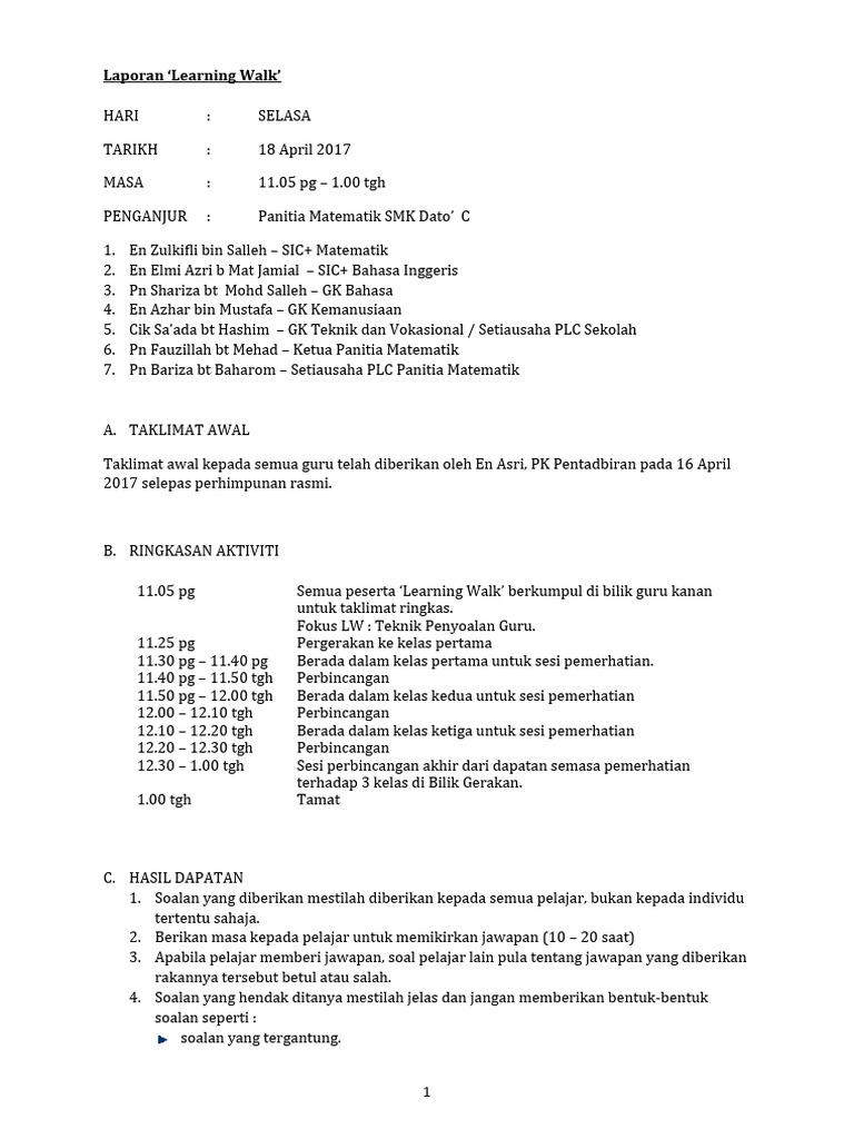 CONTOH Laporan Learning Walk | PDF