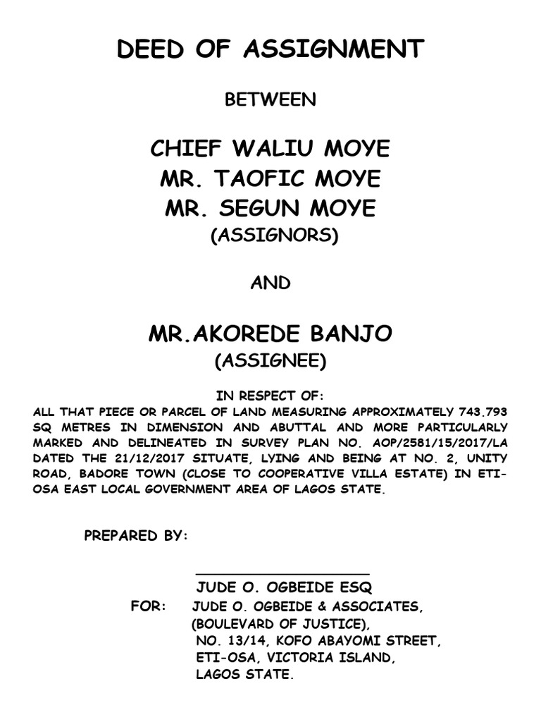 Deed of Assignment For Precious 419 Lagos State | PDF | Assignment (Law ...