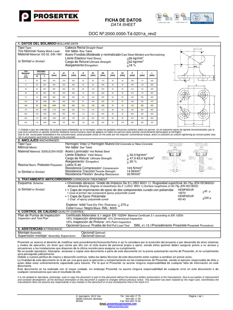 Ficha Técnica de Bolardos Prosertek | PDF