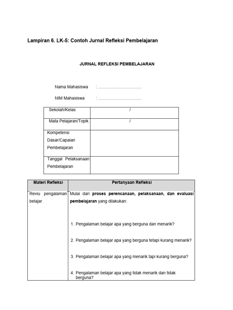 Contoh Jurnal Refleksi Pembelajaran | PDF | Karier & Perkembangan