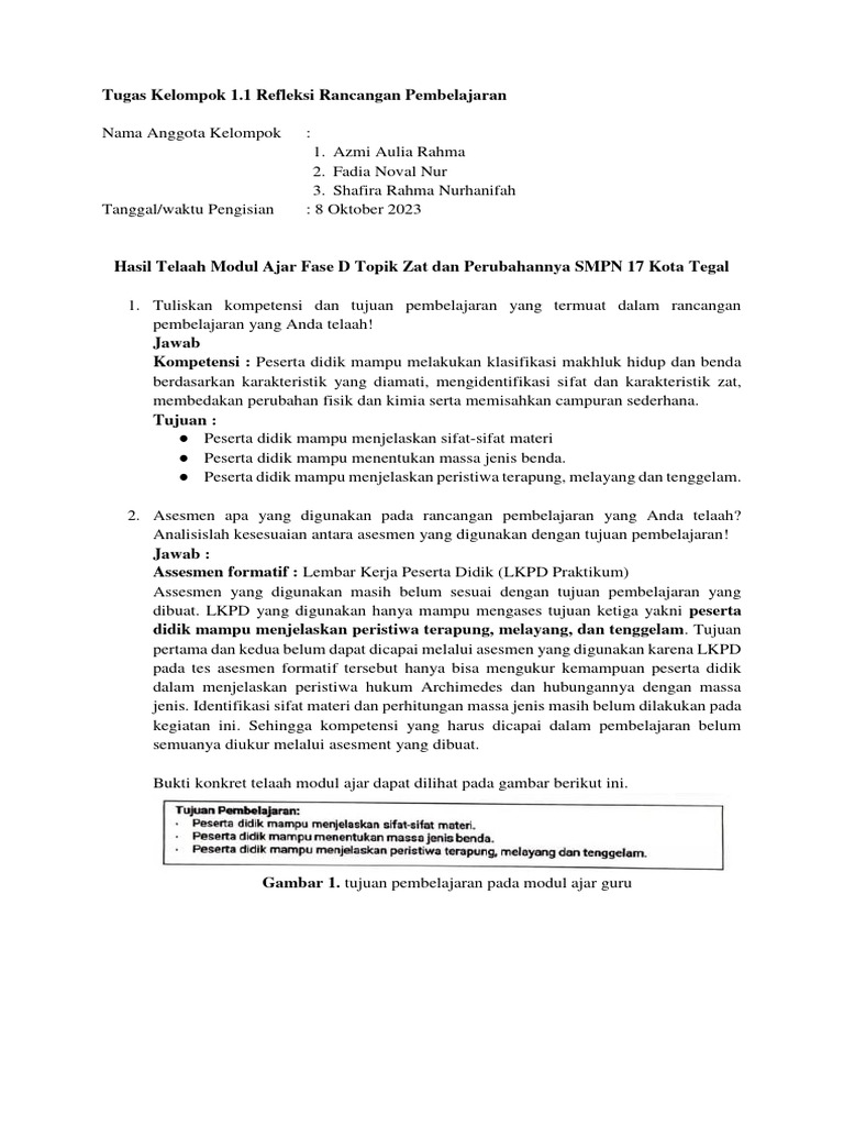 Azmi - Tugas Kelompok 1.1 Refleksi Rancangan Pembelajaran | PDF