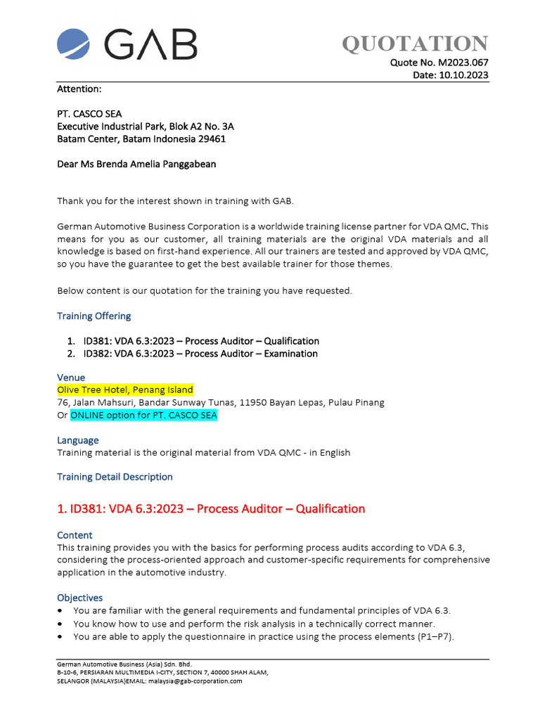 GAB VDA 6.3 Quotation | PDF | Audit | Business