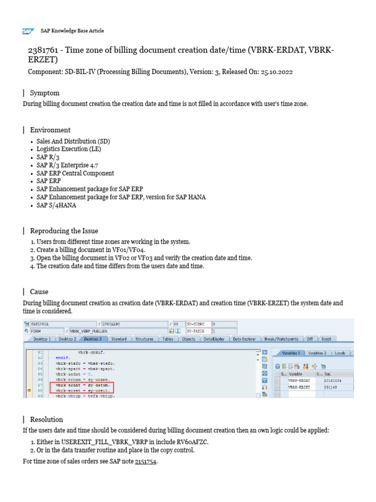 Time Zone Of Billing Document Creation Date Pdf Sap Se Software
