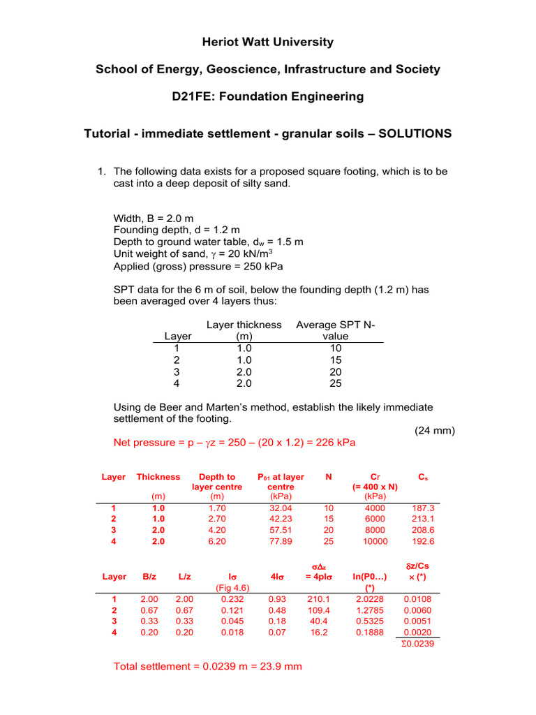 Tutorial+ +Immediate+Settlement+ +Granular+Soils+ +SOLUTIONS | PDF | Materials | Civil Engineering