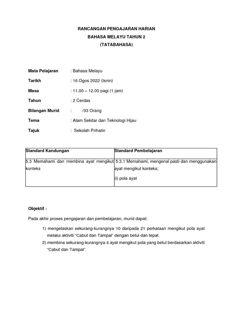 RPH BM MINGGU 2 (Selasa) | PDF