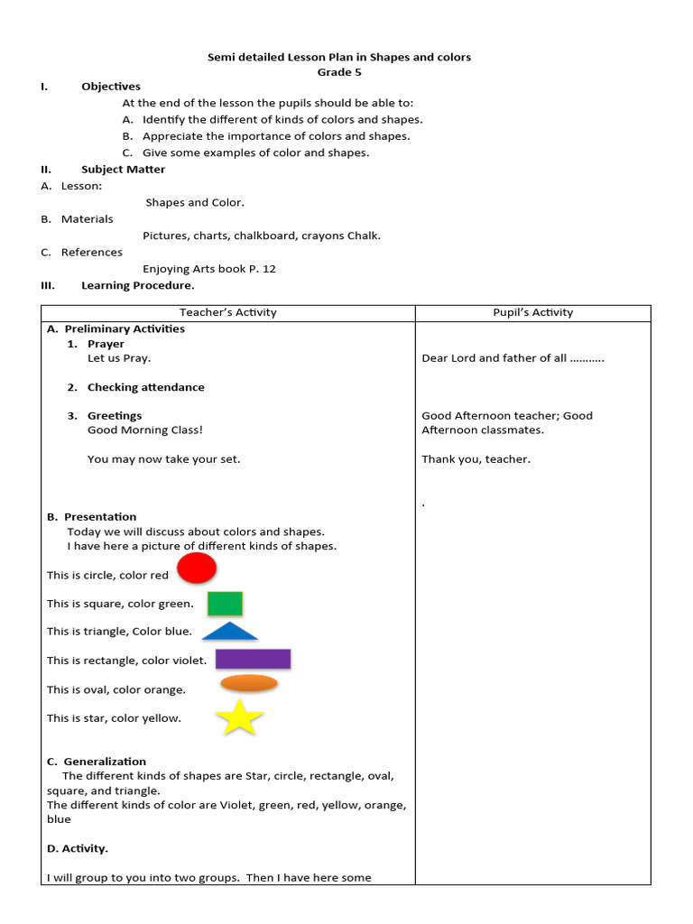 Grade 5 Lesson Plan: Shapes and Colors | PDF