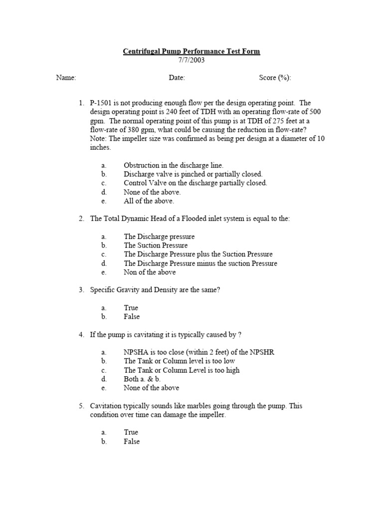 Section 5 Pump Performance Test Form | PDF