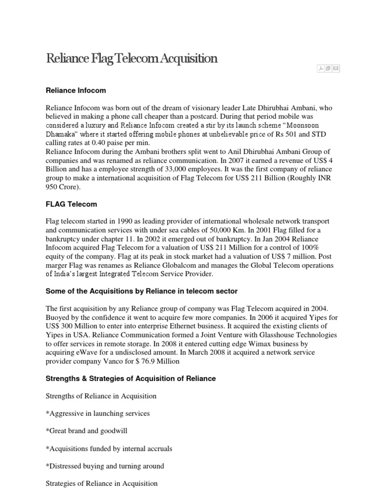 Reliance's Acquisition of Flag Telecom | PDF | Mergers And Acquisitions ...